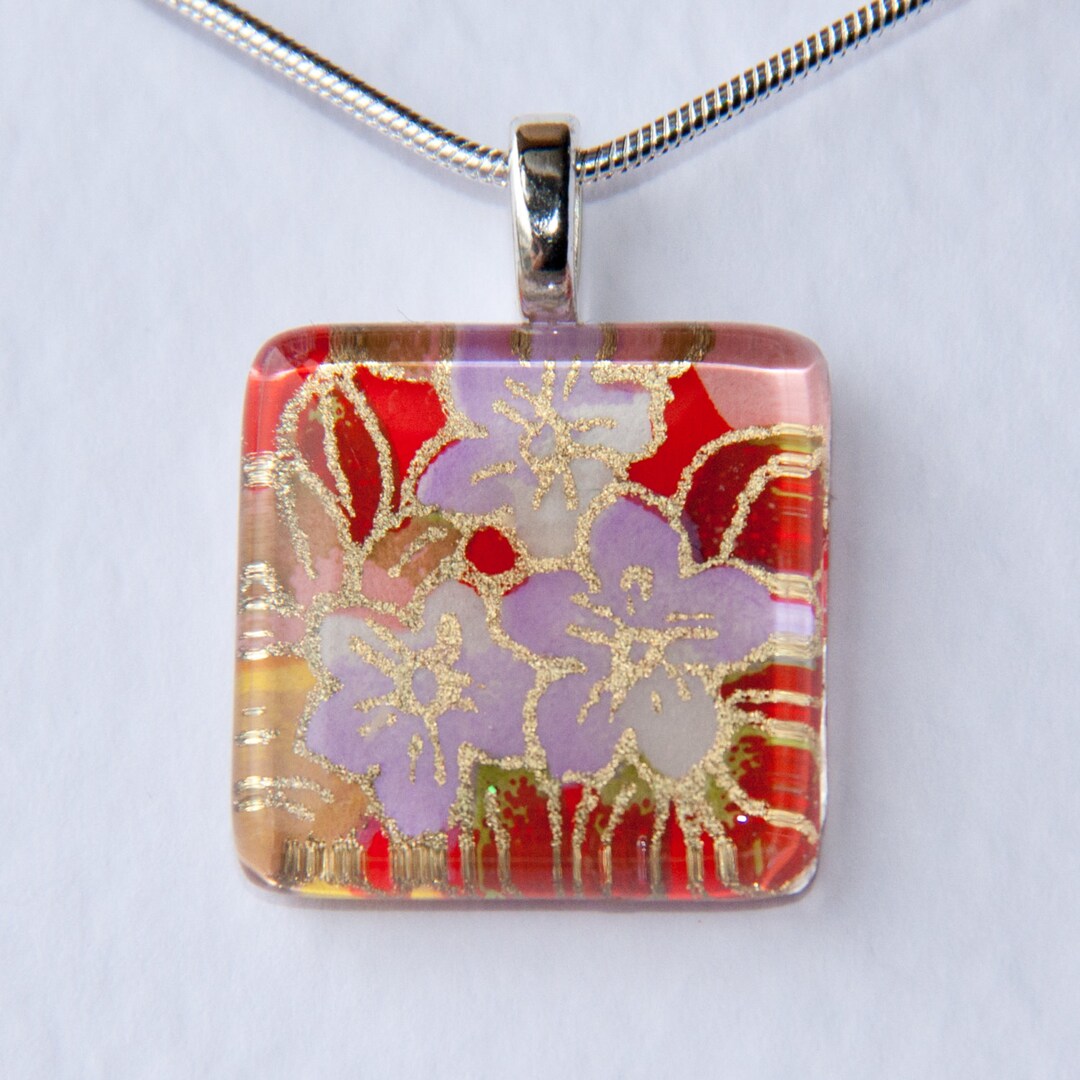 Handmade Glass Tile Japanese Washi Flowers Pendant - Etsy