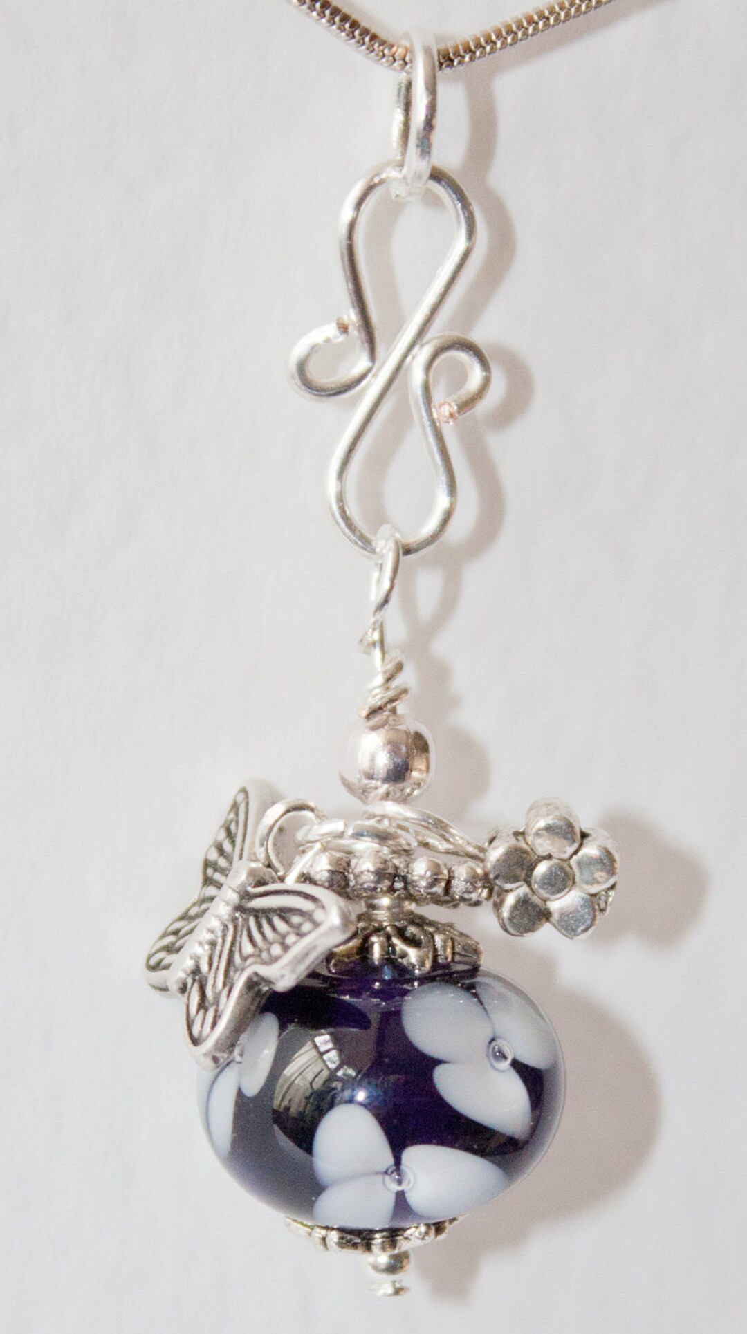 Handmade Silver Plated Midnight Indigo Lampwork Glass Flower Bead ...