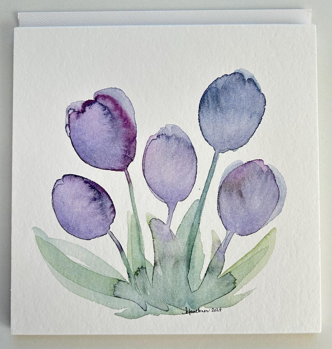 Original Watercolor Flower Painting, "indigo and Mineral Violet Tulips ...