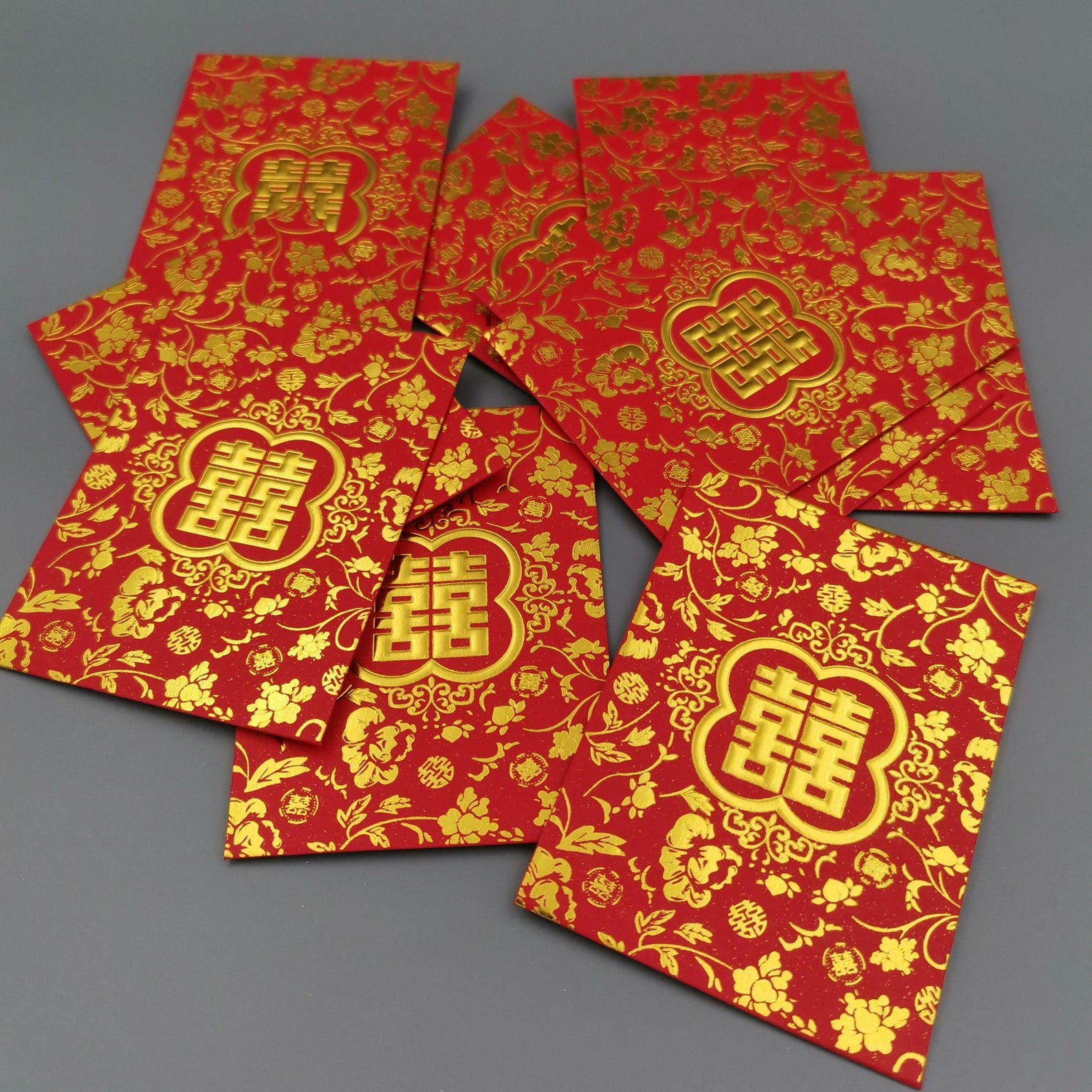 Double Happiness - Red and Gold Floral Metallic Embossed Chinese ...