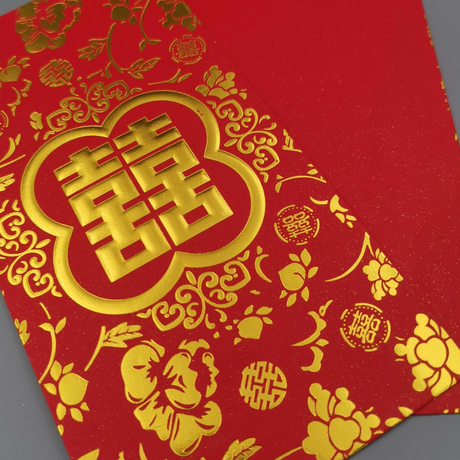 Double Happiness - Red and Gold Floral Metallic Embossed Chinese ...