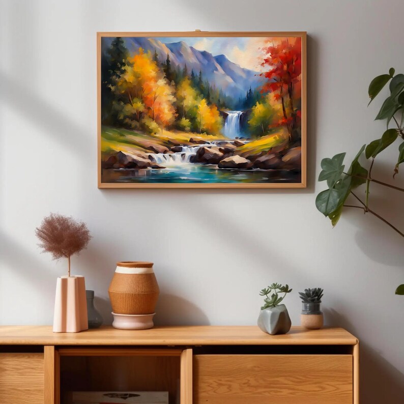 Waterfall Watercolor Painting, Waterfall Landscape, Fall Foliage ...