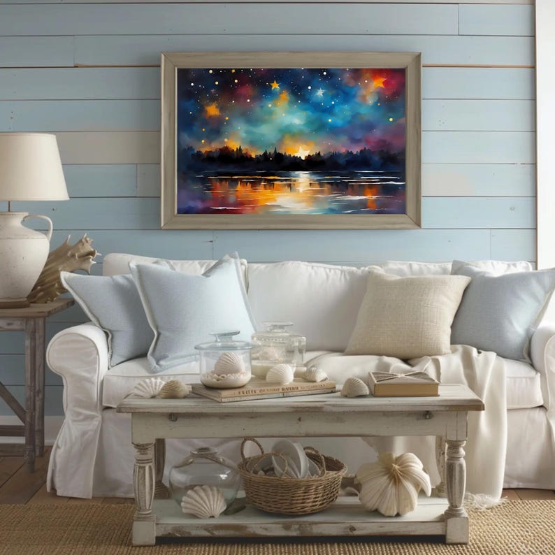 Relaxing Starry Night Sky Watercolor Painting, Twilight Landscape ...