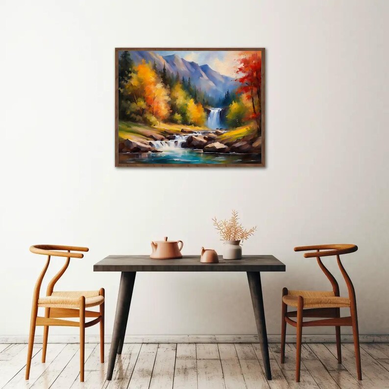 Waterfall Watercolor Painting, Waterfall Landscape, Fall Foliage ...