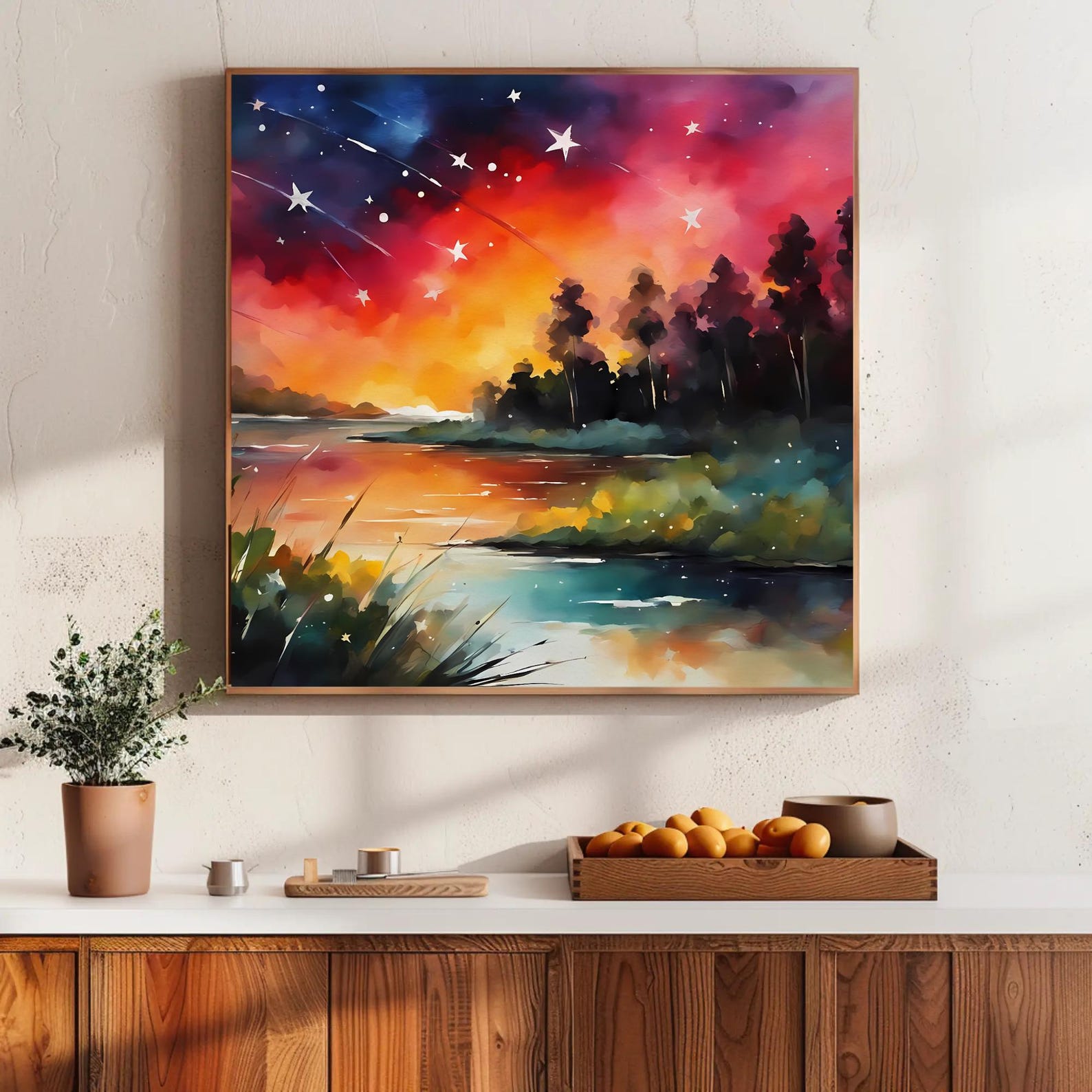 Shooting Stars Reflecting off Lake Watercolor Painting, Watercolor ...