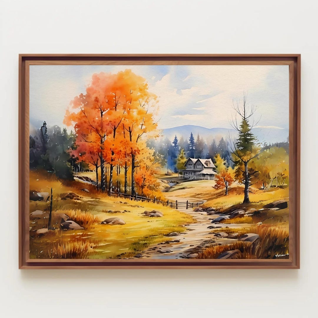 Farmland Fall Landscape Watercolor Painting, Autumn Landscape, Fall ...