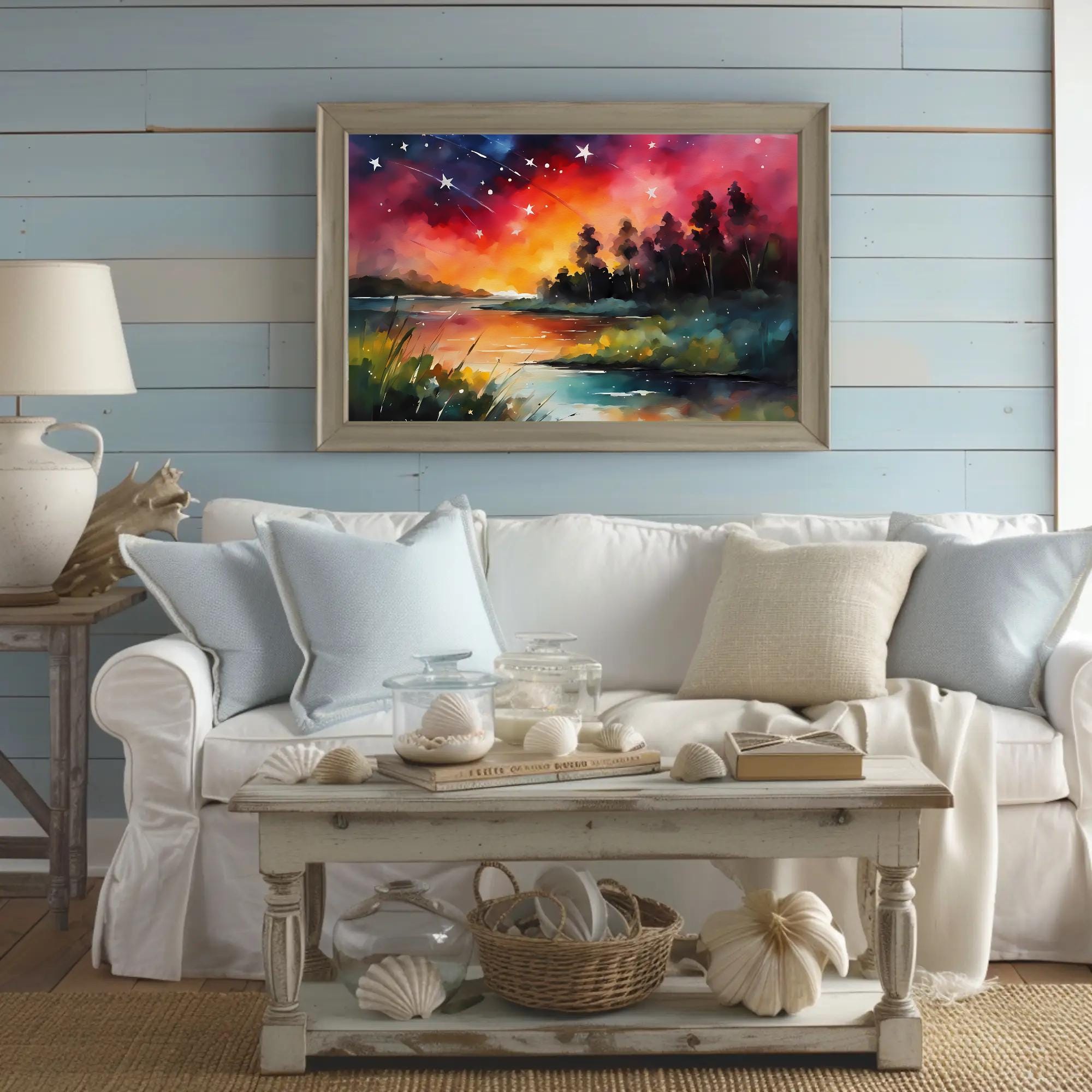 Shooting Stars Reflecting off Lake Watercolor Painting, Watercolor ...