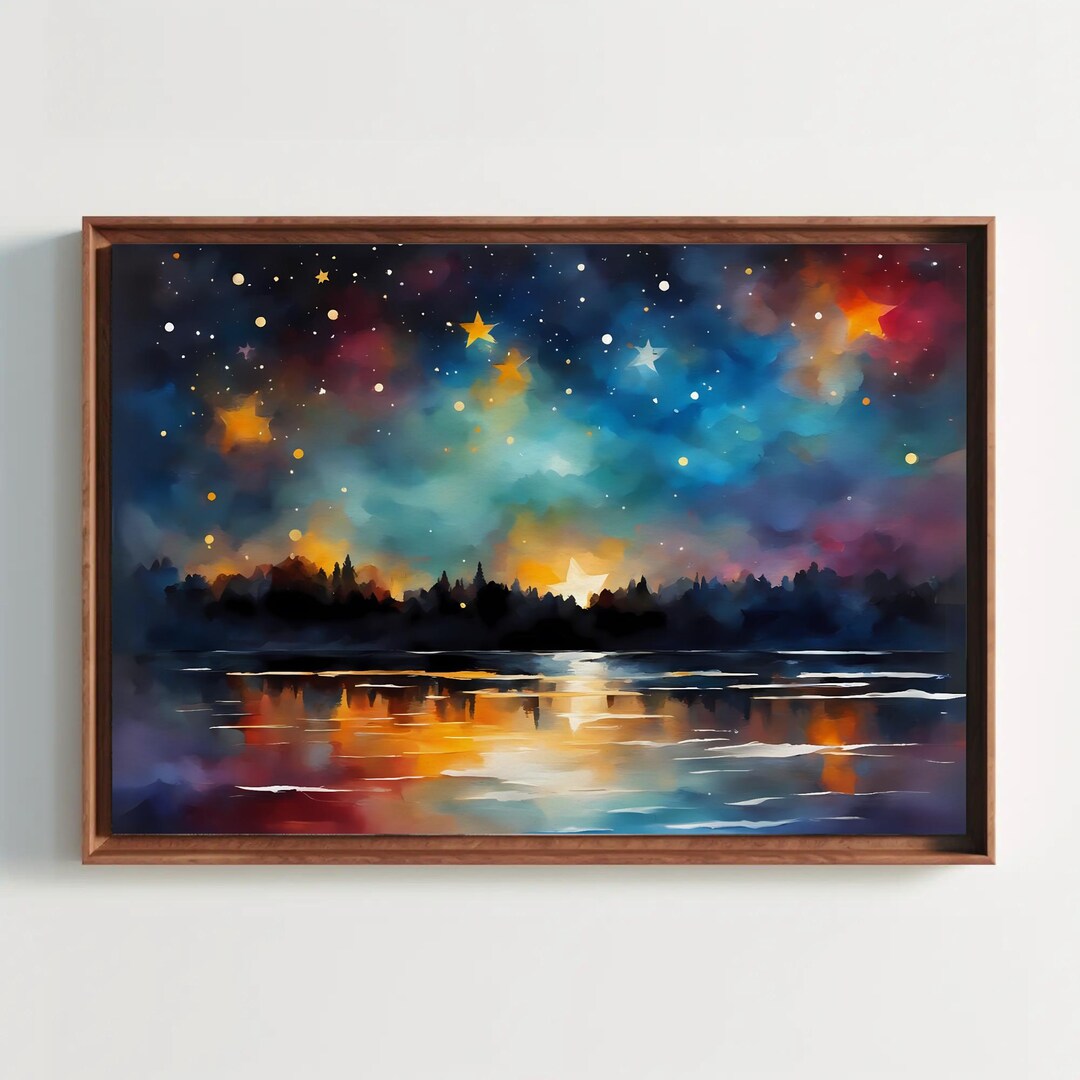Relaxing Starry Night Sky Watercolor Painting, Twilight Landscape ...