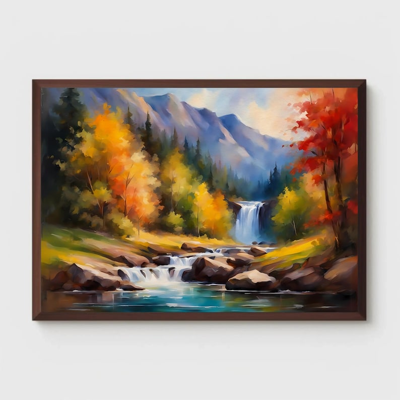 Waterfall Watercolor Painting, Waterfall Landscape, Fall Foliage ...