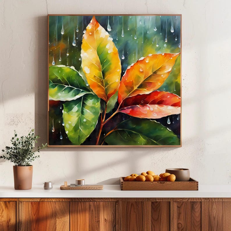 Raindrops of Leaf Watercolor Painting, Watercolor Print, Leaves Art ...