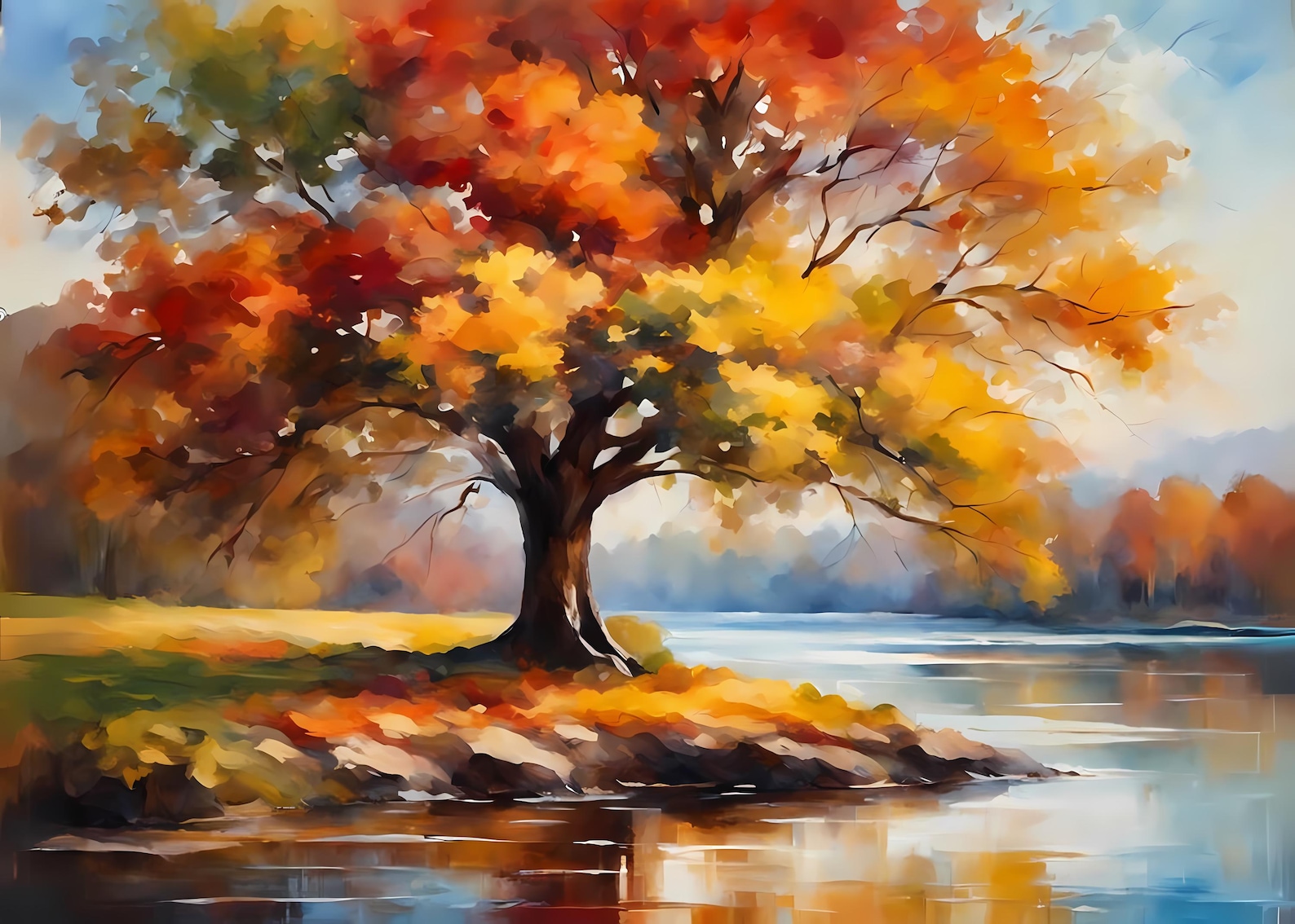 Fall Foliage by Stream Watercolor Painting, Autumn Landscape, Fall ...