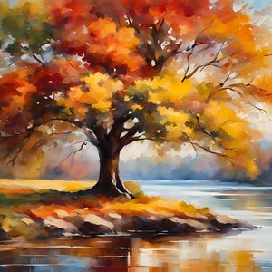 Fall Foliage by Stream Watercolor Painting, Autumn Landscape, Fall ...