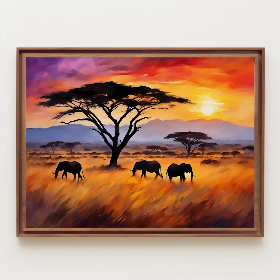 Serengeti National Park During Sunset Watercolor Painting, African Art ...