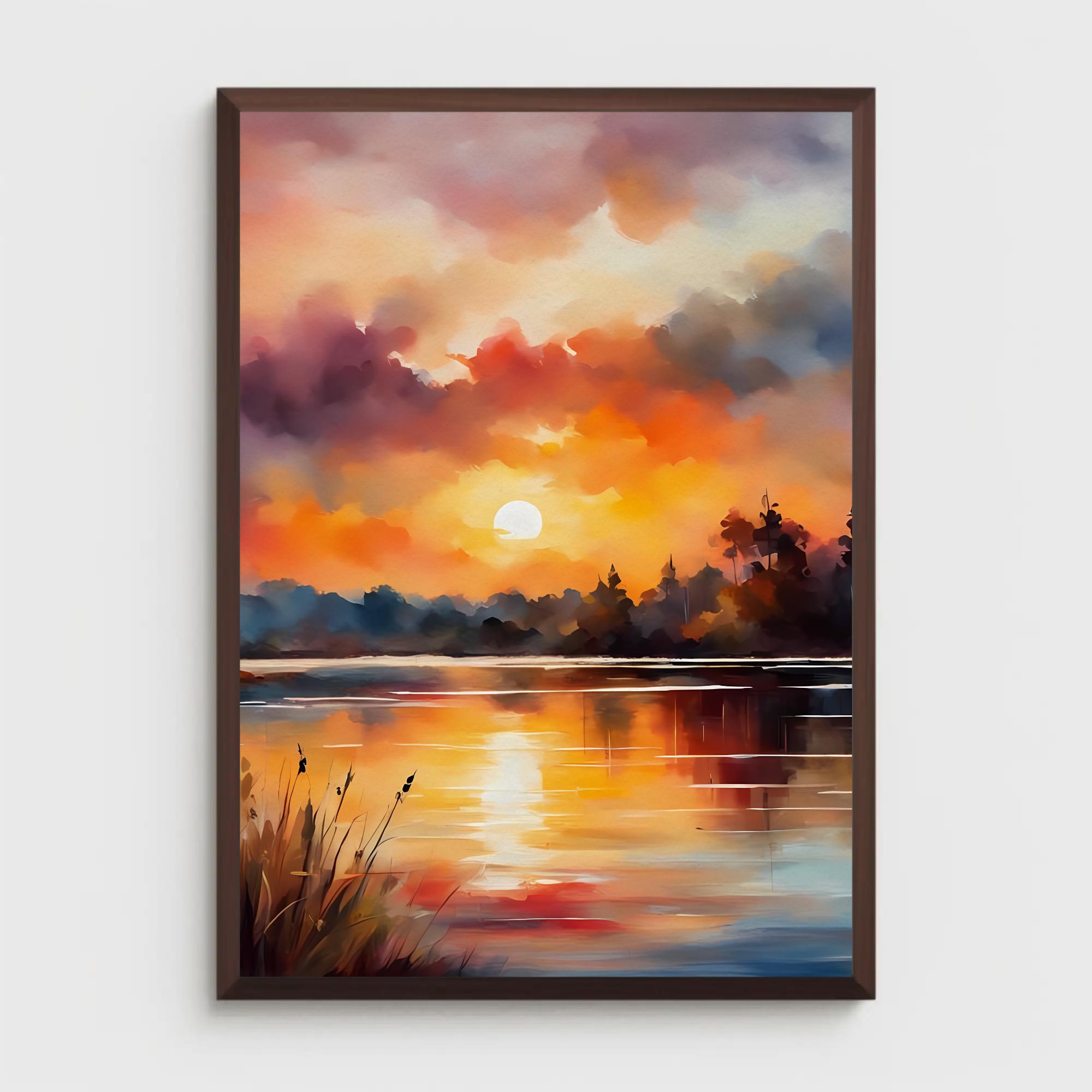 Relaxing Sunset Over Calm Lake Watercolor Painting, Watercolor Print ...