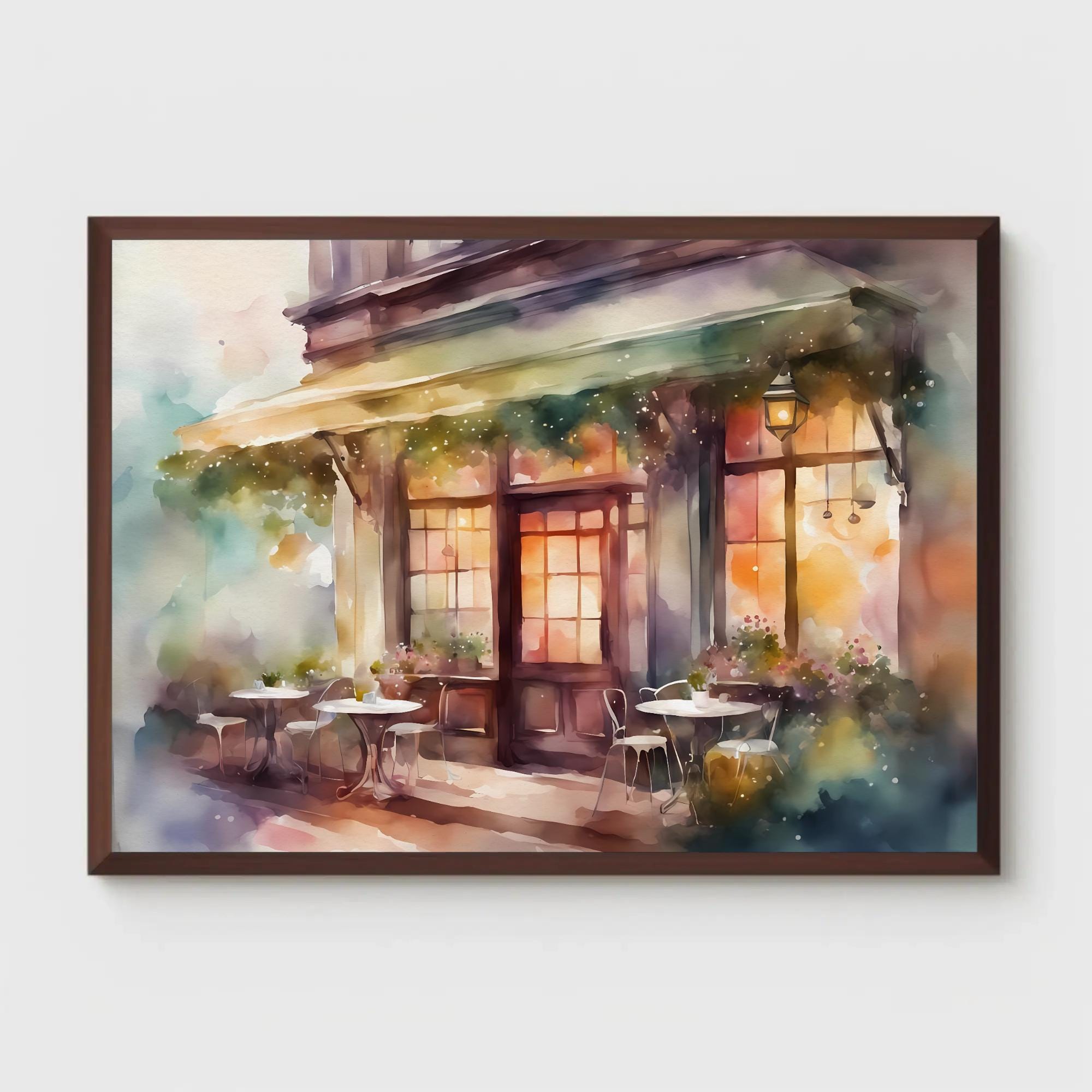 Spring-themed Coffeehouse Watercolor Painting, Watercolor Print, Cafe ...