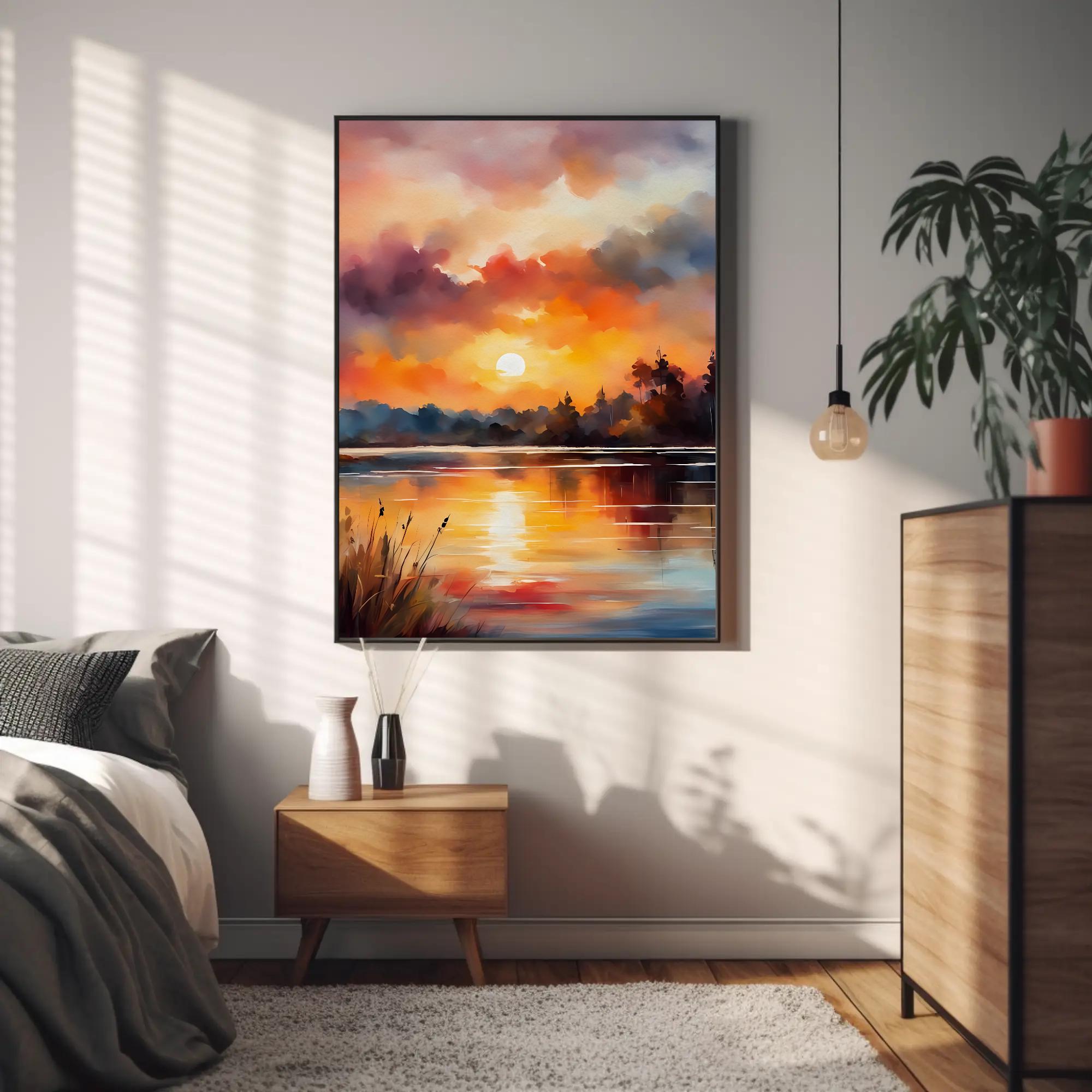 Relaxing Sunset Over Calm Lake Watercolor Painting, Watercolor Print ...