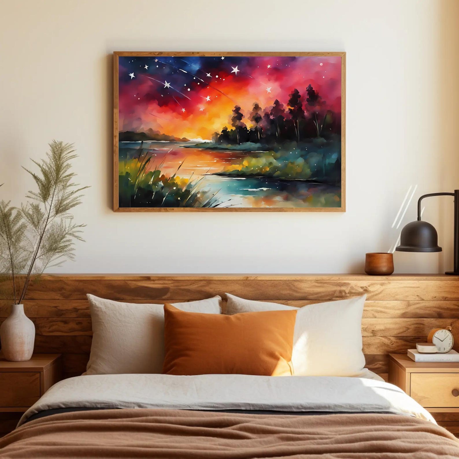 Shooting Stars Reflecting off Lake Watercolor Painting, Watercolor ...