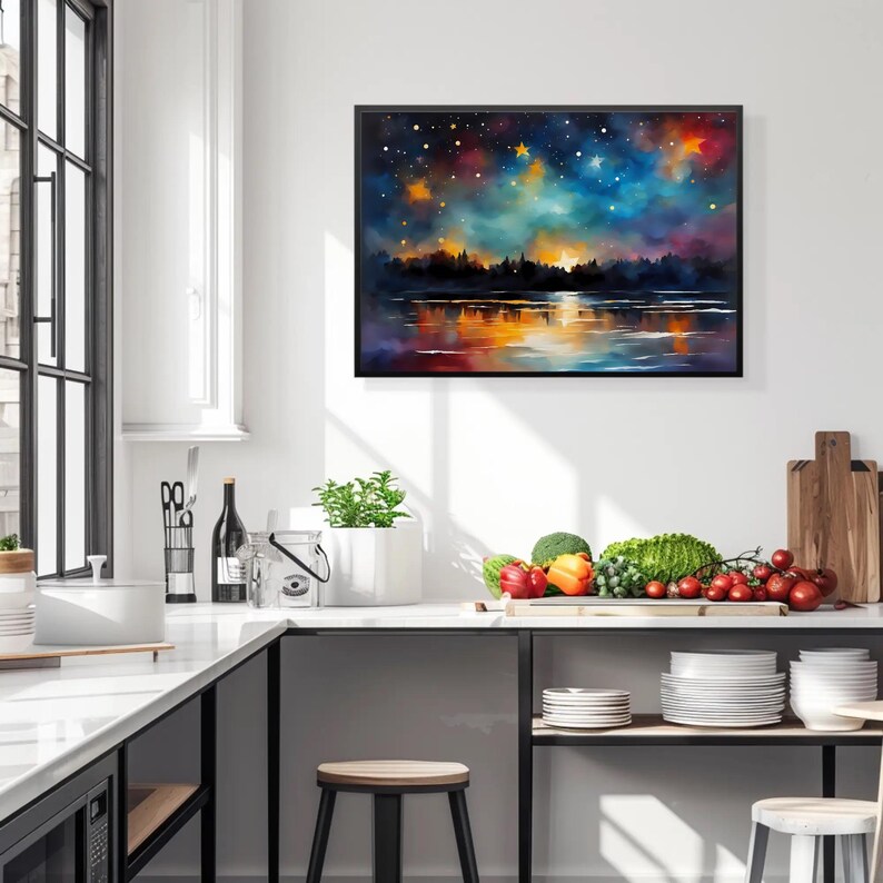 Relaxing Starry Night Sky Watercolor Painting, Twilight Landscape ...