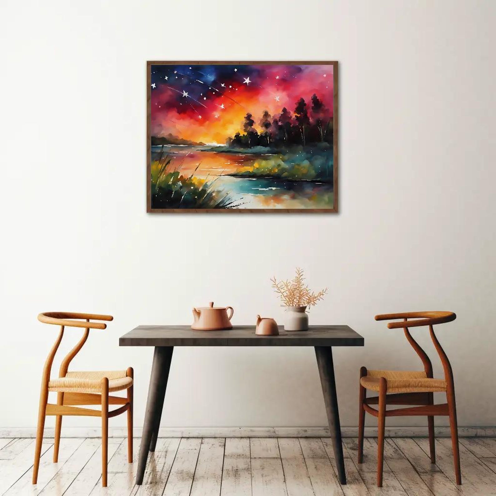 Shooting Stars Reflecting off Lake Watercolor Painting, Watercolor ...