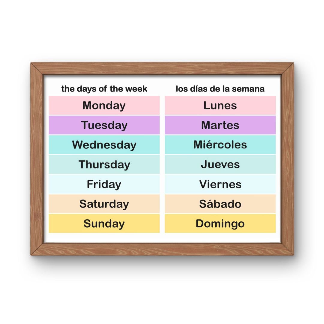 English and Spanish Bilingual Days of the Week Poster Pastel Colors - Etsy