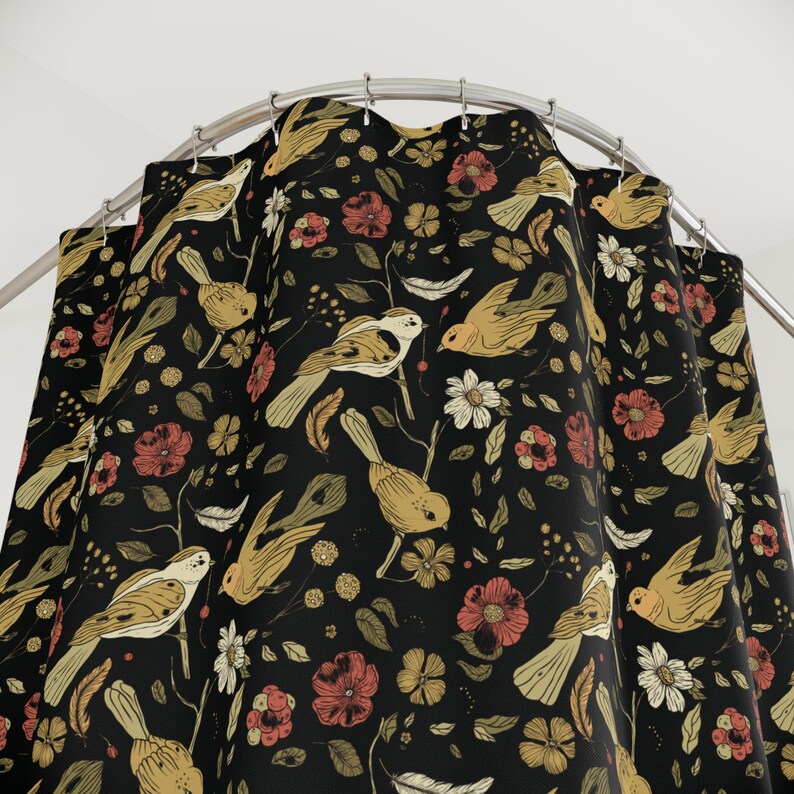 Moody Floral Shower Curtain: Birds & Flowers Botanical Shower Curtain ...