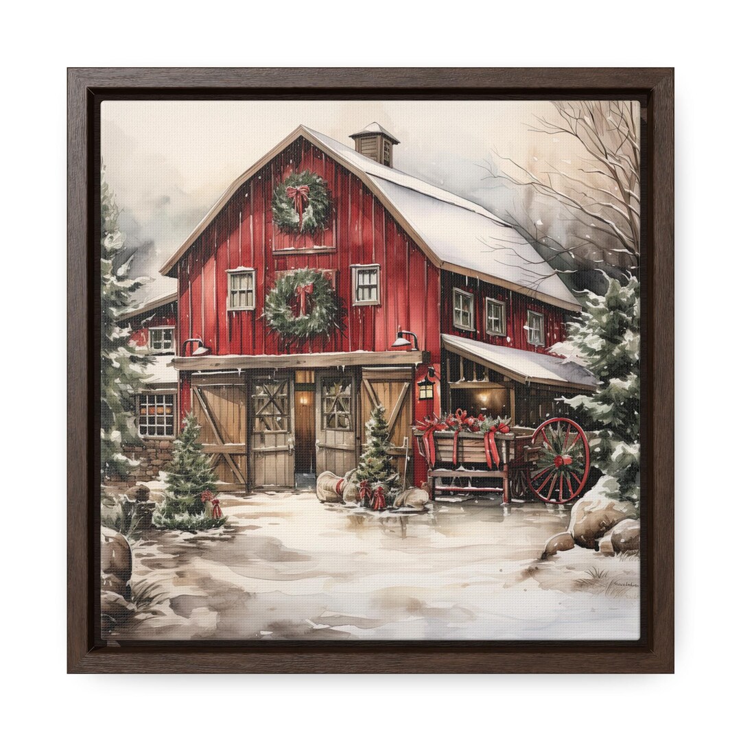Red Barn Print, Farm Christmas Canvas, Red Barn, Square Framed Canvas ...