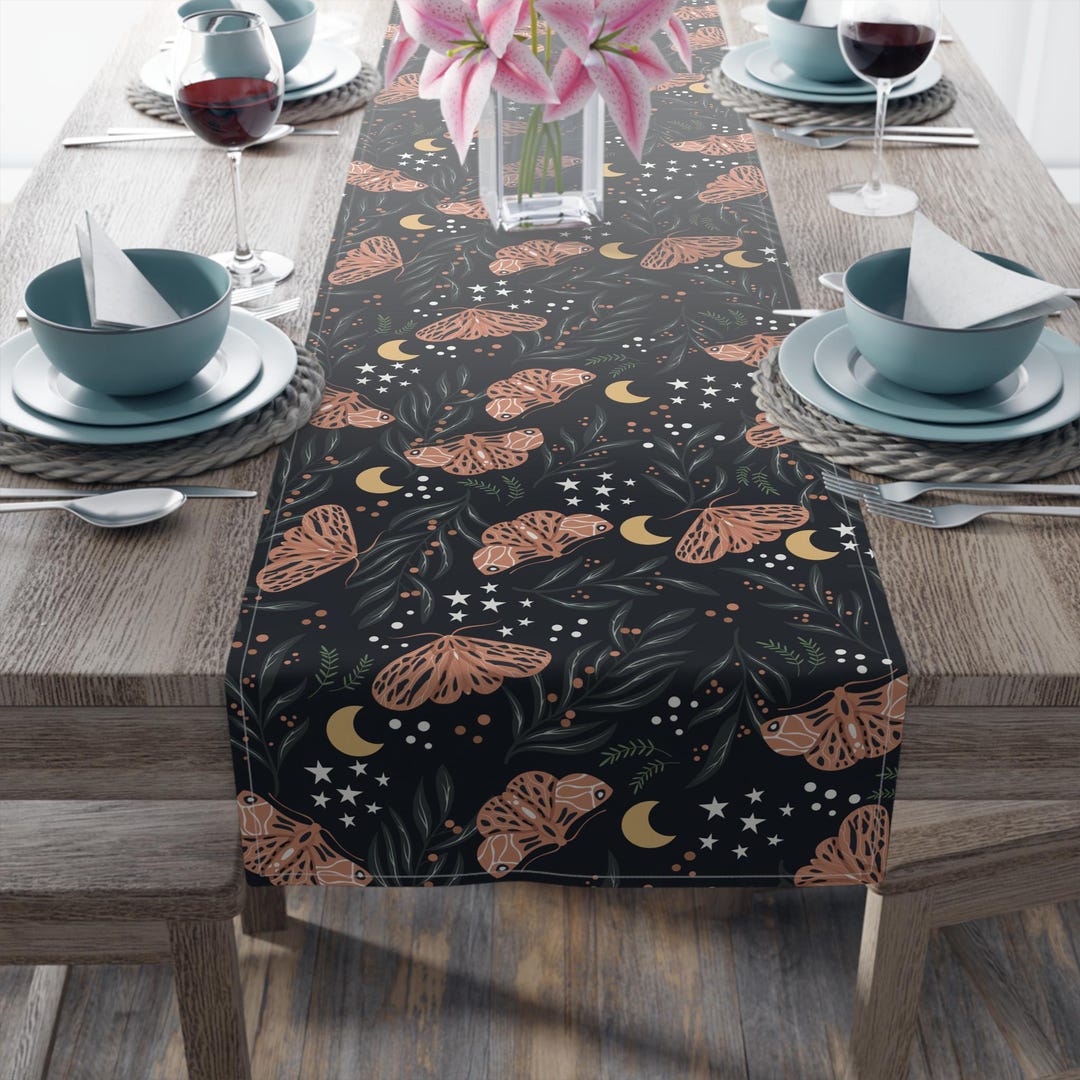 Moth Table Runner, Moon, Dark Table Runner, Crescent Moon, Table Runner ...