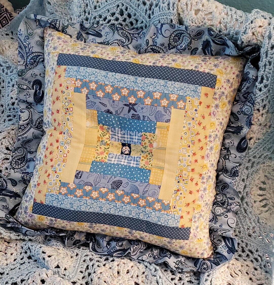 Spring Blue & Yellow Log Cabin Patchwork Pillow - Etsy