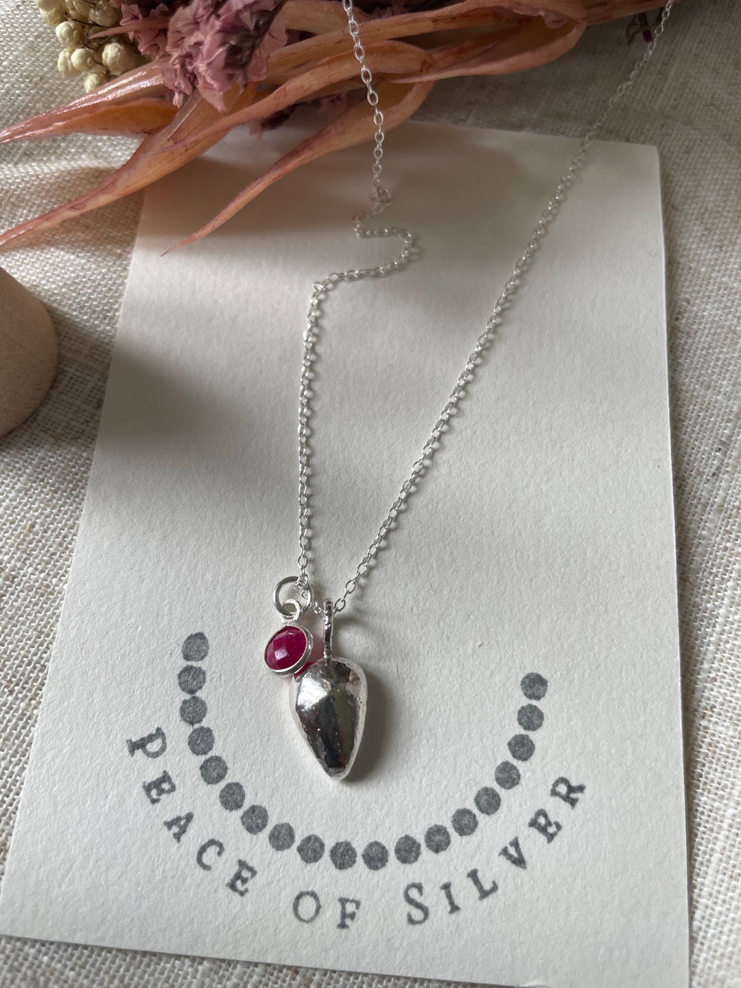 Sterling Silver Chilli- Nugget Necklace With Little Ruby Charm - Etsy UK