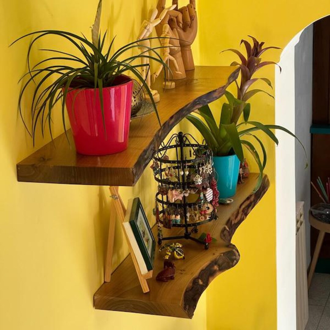 Custom Wood Floating Live Edge Rustic Wall Shelves - Wall Mounted Live ...