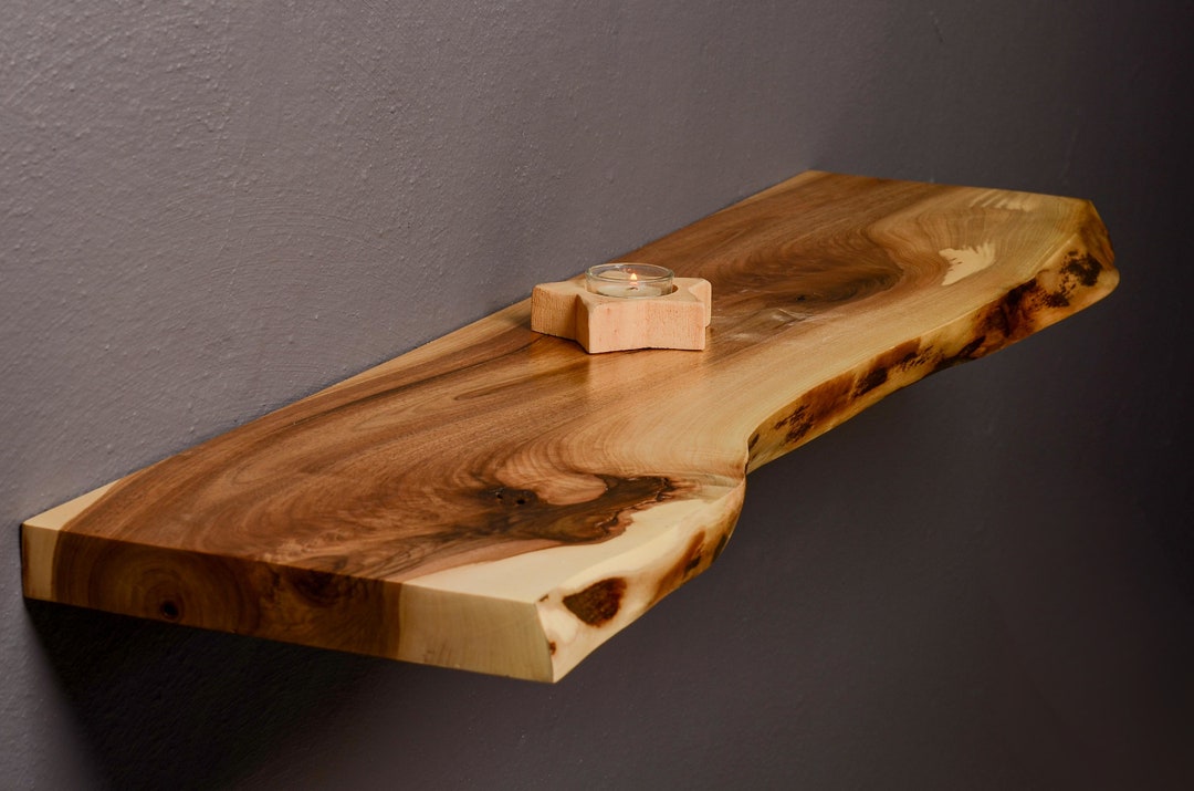 Rustic Wood Floating Live Edge Shelves - Raw Edge Wooden Wall Shelves ...