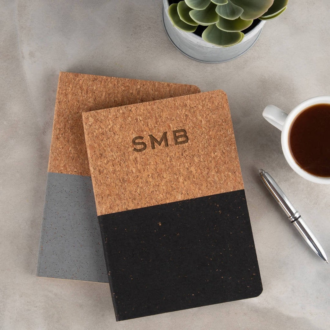 Personalised Monogram Cork Notebook - Engraved Initial A5 Vegan Journal ...