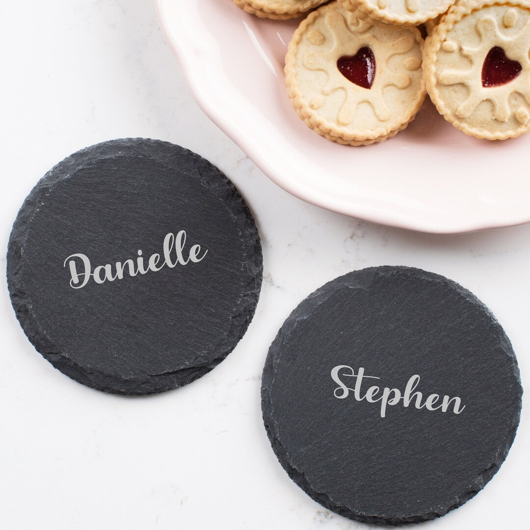 Personalised Engraved Slate Coaster Pair | Wedding Name Place Holders ...