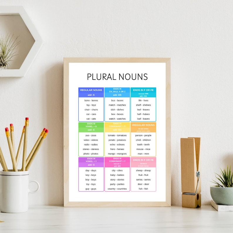 Plural Nouns Education Poster, Punctuation Grammar English, Educational ...