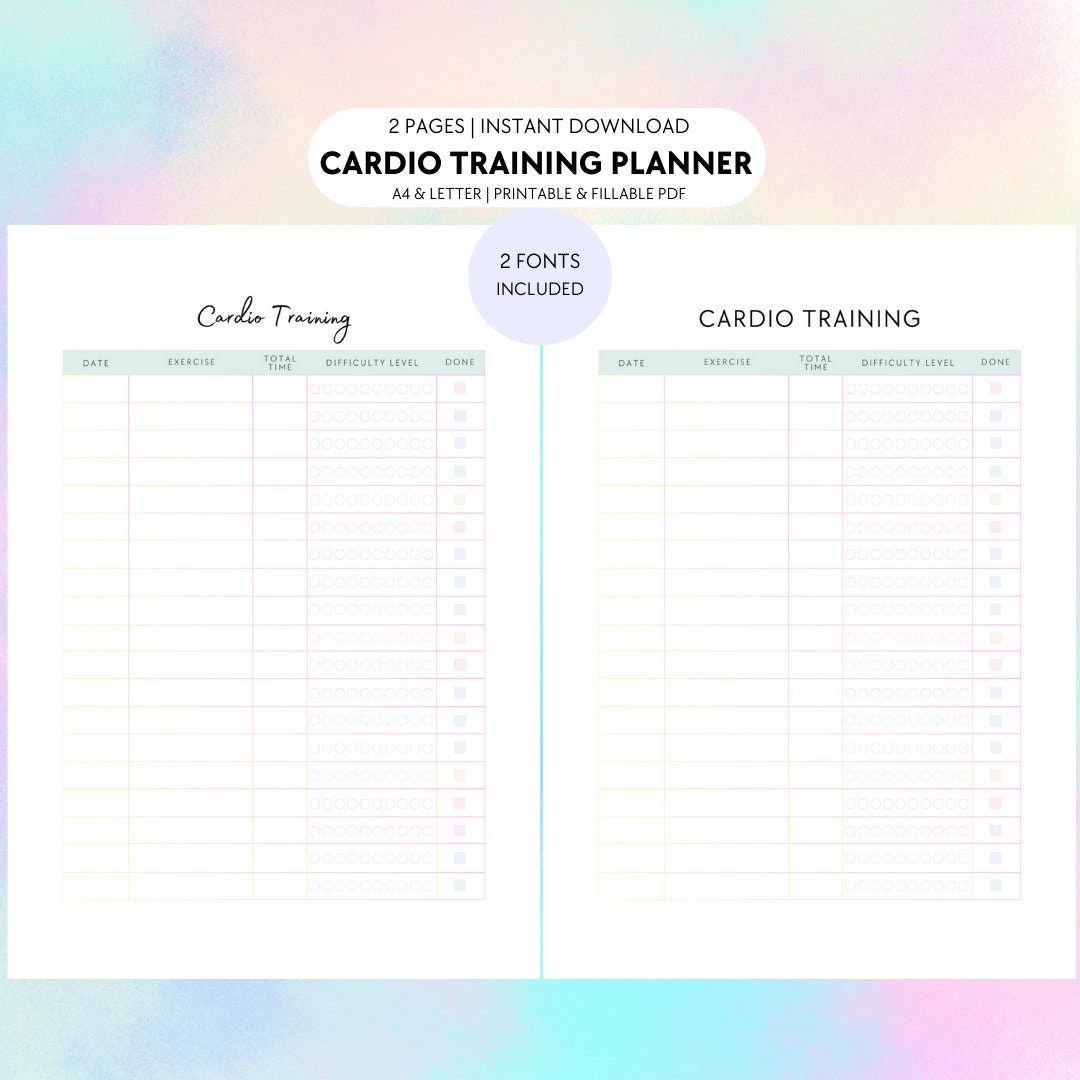Cardio Training Planner Printable PDF Fitness Planner Template A4 ...