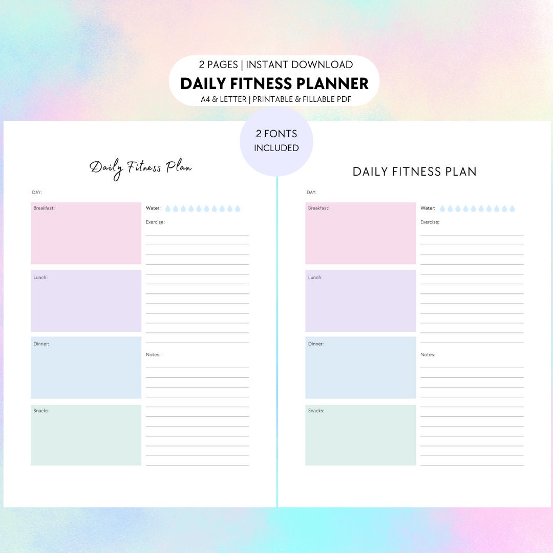 Daily Fitness Planner Printable PDF Water Tracker Meal Planner Template ...