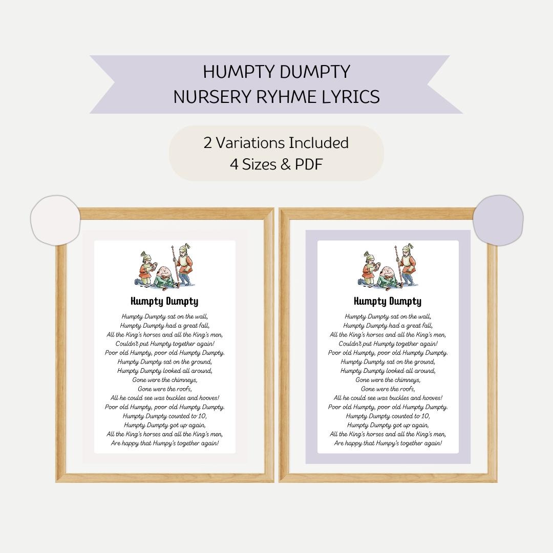 Humpty Dumpty Poster, Nursery Rhyme Lyrics, Nursery Decor, Early ...
