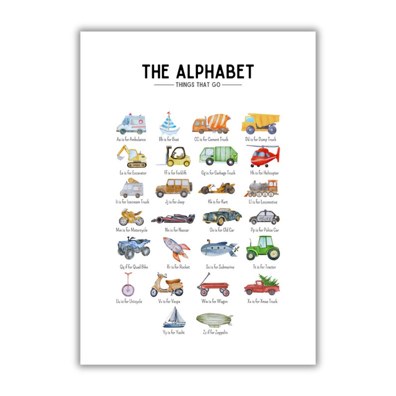 Vehicle Alphabet Education Print, Educational Poster, Nursery Prints ...