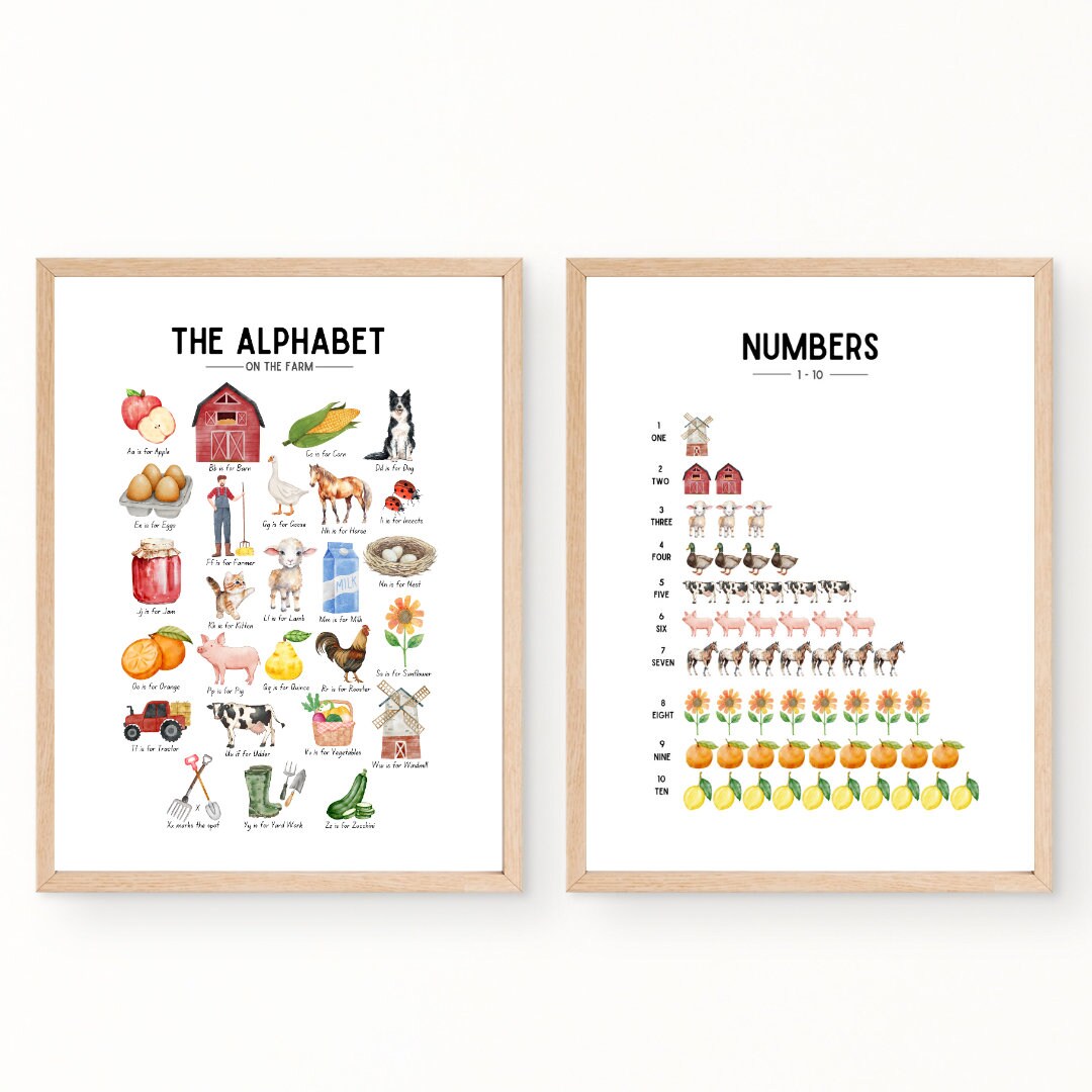 Farm Alphabet & Numbers Count 1 10 Educational Print, Nursery Prints ...