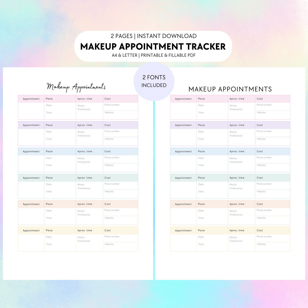Makeup Appointment Tracker Printable PDF Template A4 & LETTER Size - Etsy