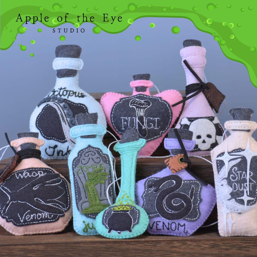 Set of 8 Handmade Halloween Potion Bottle Ornaments – Wool-blend Felt ...