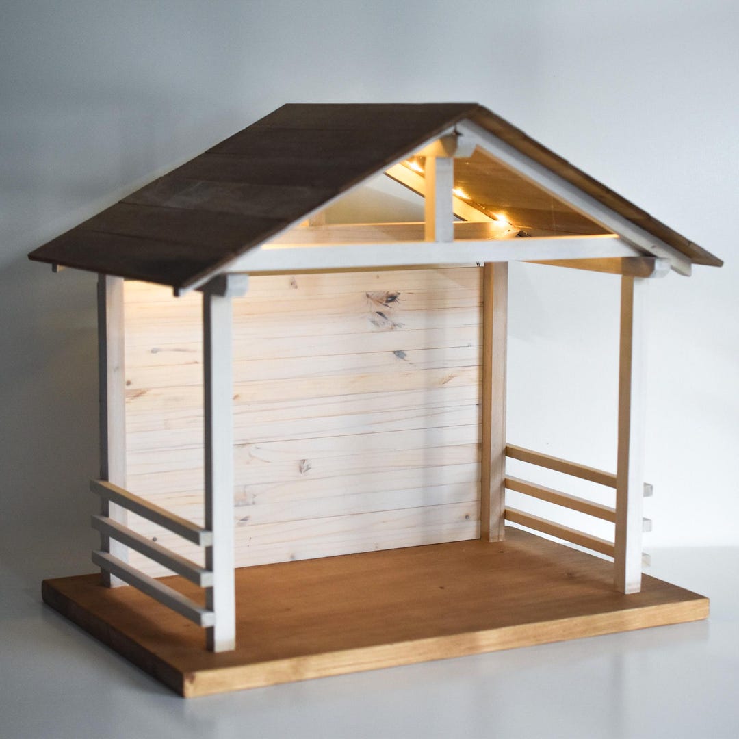 Wooden Nativity Stable Manger With LED Lights, Walnut Stain ...