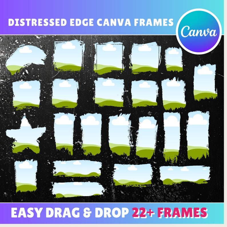 Distressed Edge Bleach Effect Canva Frames Bundle, Drag and Drop Photo Collage Brush Stroke ...
