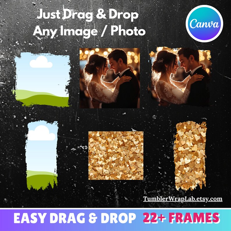 Distressed Edge Bleach Effect Canva Frames Bundle, Drag and Drop Photo Collage Brush Stroke ...