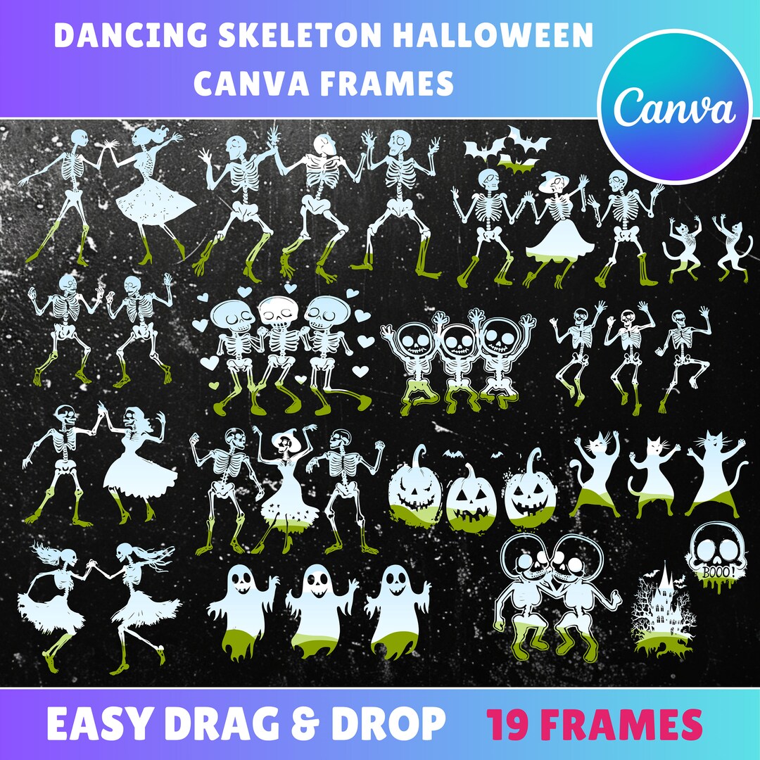 Halloween Dancing Skeleton Canva Frames Bundle, Funny Dancing Skull ...