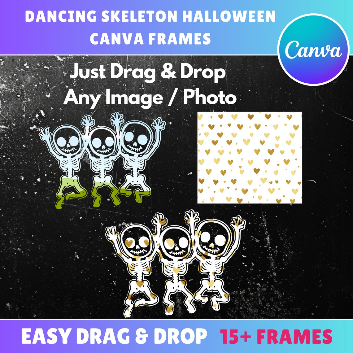 Halloween Dancing Skeleton Canva Frames Bundle, Funny Dancing Skull ...