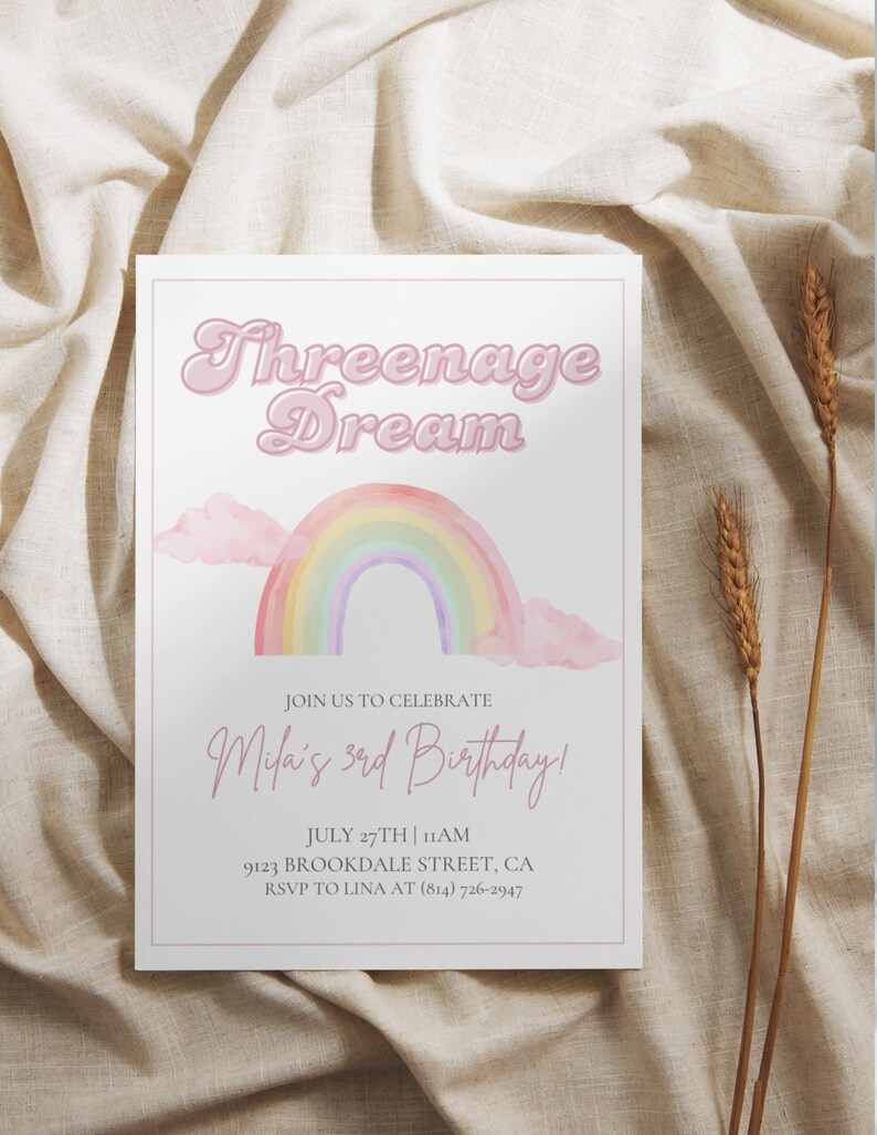 Threenage Dream Birthday Invitation: Rainbow Party, Pink & Purple ...