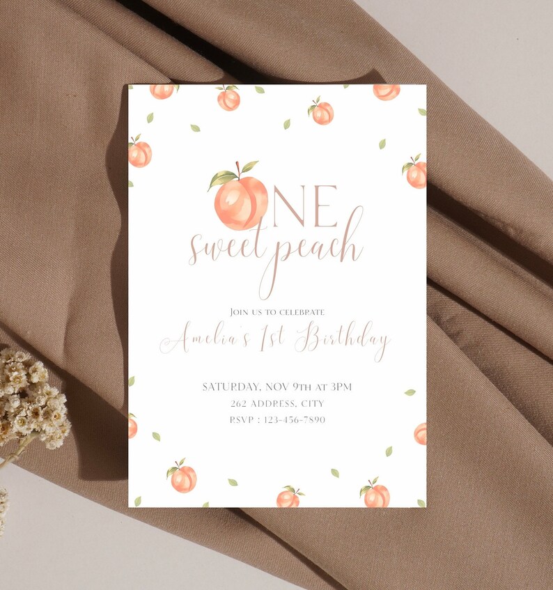 One Sweet Peach Birthday Invitation – First Birthday Party (digital ...