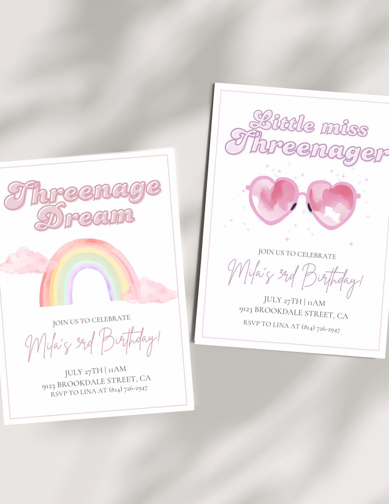 Threenage Dream Birthday Invitation: Rainbow Party, Pink & Purple ...