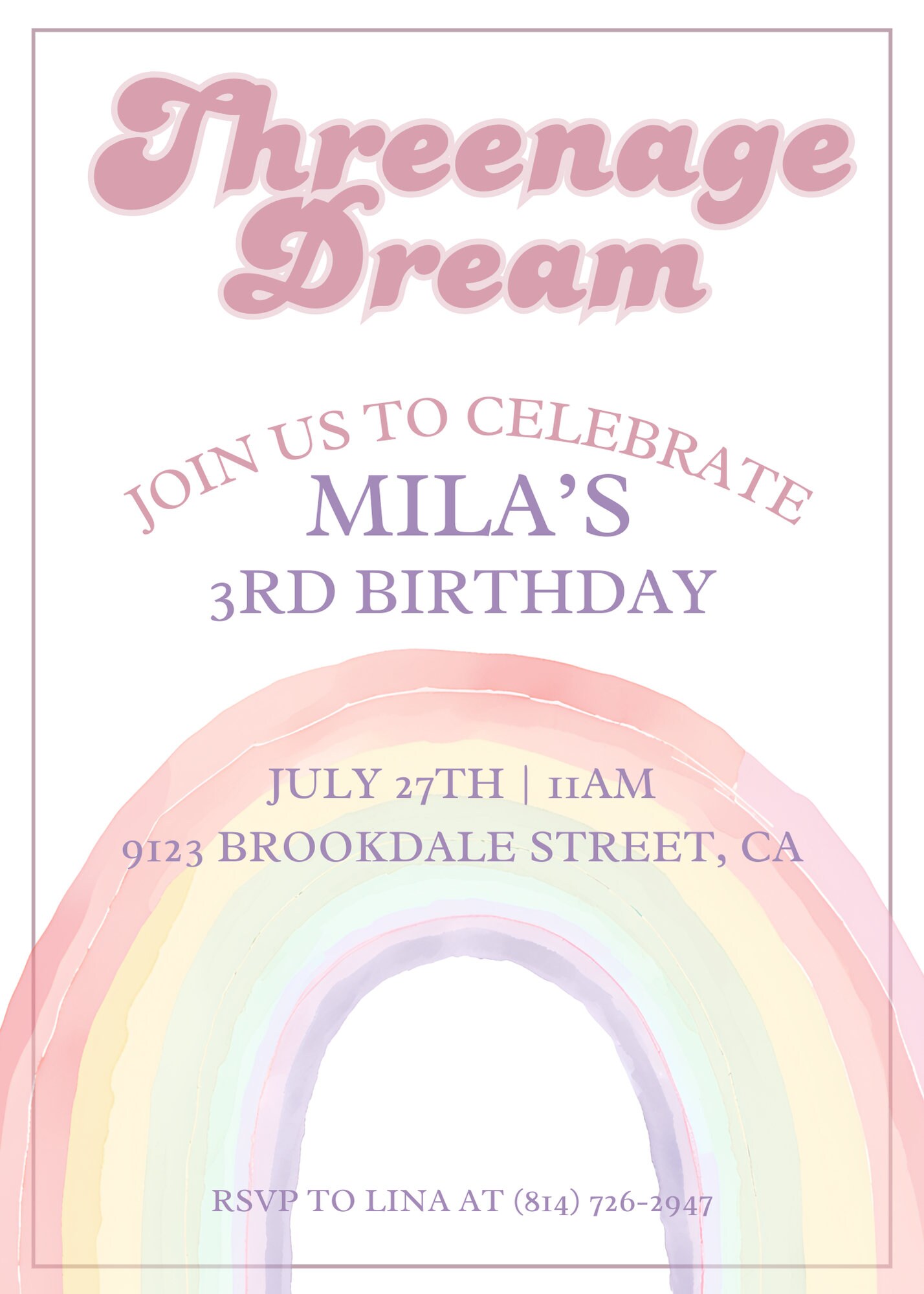 Threenage Dream Birthday Invitation Rainbow Party Editable Third ...